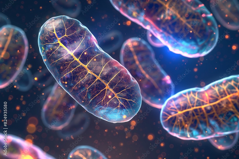 Macro photo of mitochondria with blue and orange glowing internal ...