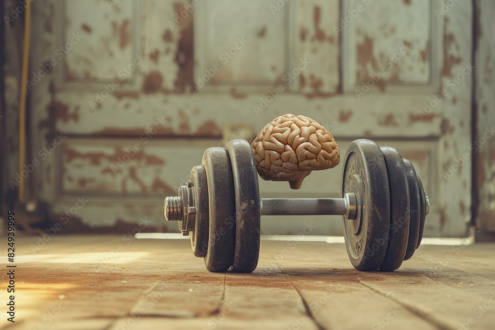 Artistic image showcasing a brain model on a dumbbell, symbolizing ...