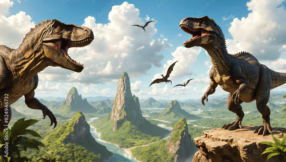 Two tyrannosaurus rex dinosaurs roar, high on a jungle cliff, flying ...