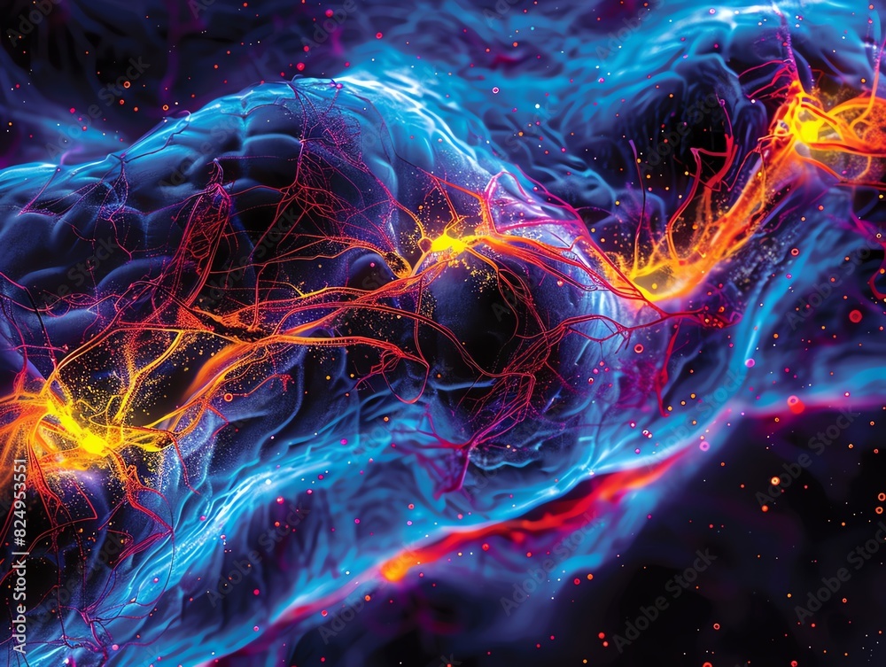 2. High-detail image of nerve signal transmission in the brain, capturing intricate synaptic ...