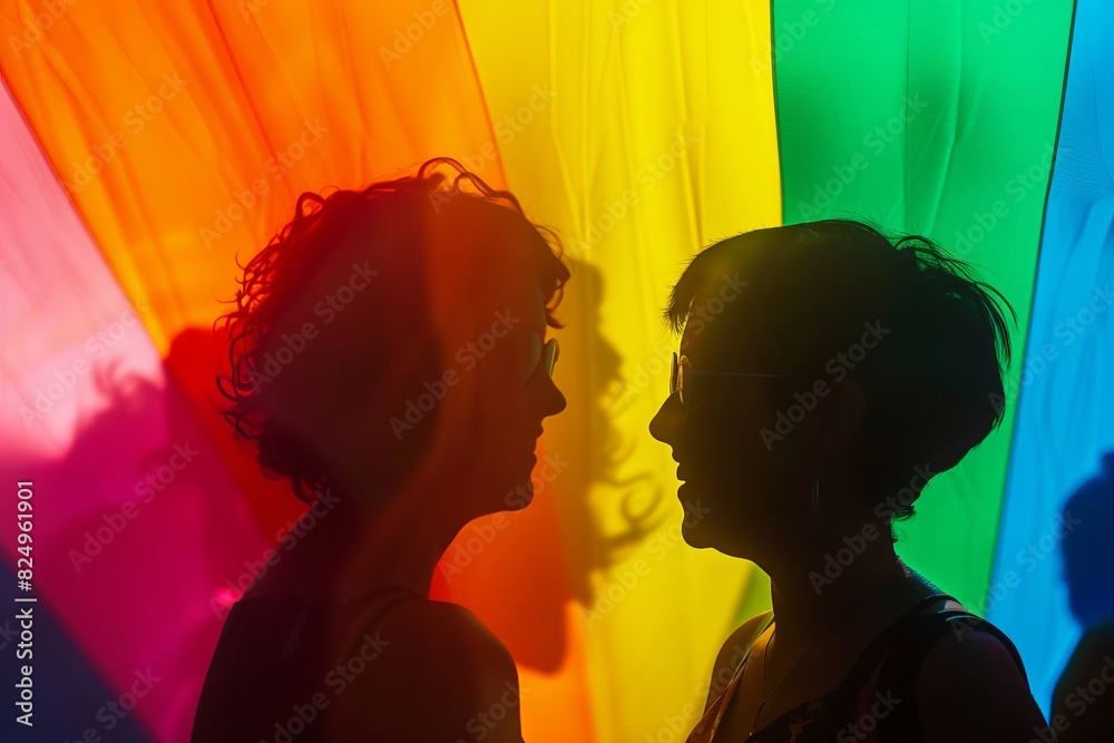 LGBTQ friends talking animatedly at a colorful Pride parade selective ...