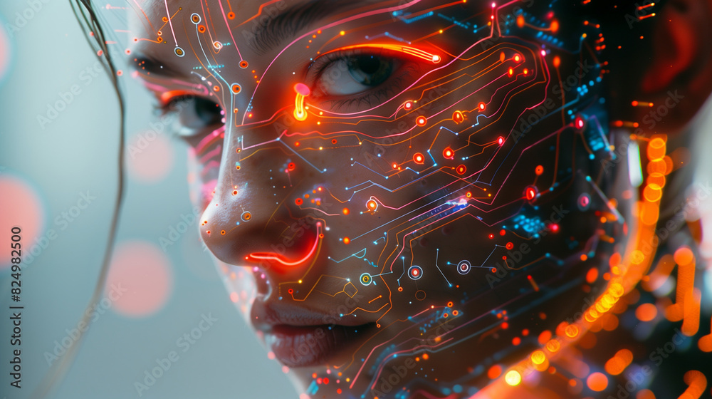 AI, Machine learning, beautiful woman robot with digital technology on ...