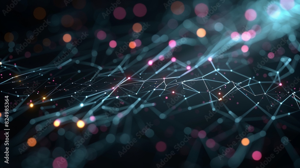 Dark illustration of a technical system with blue lines connecting ...