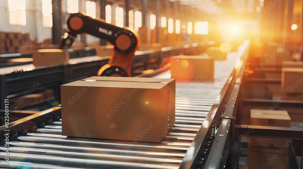 Modern Automated Conveyor System in Warehouse with Robotic Arm Handling Packages, Sunlight ...