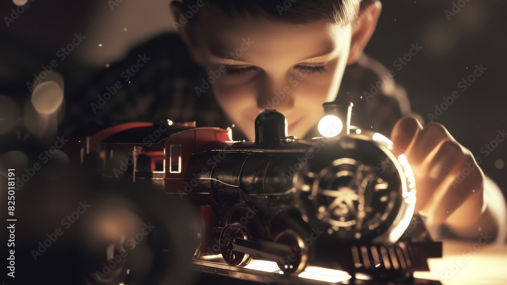 Circular toy train running on the tracks, The boy curiously and happily ...