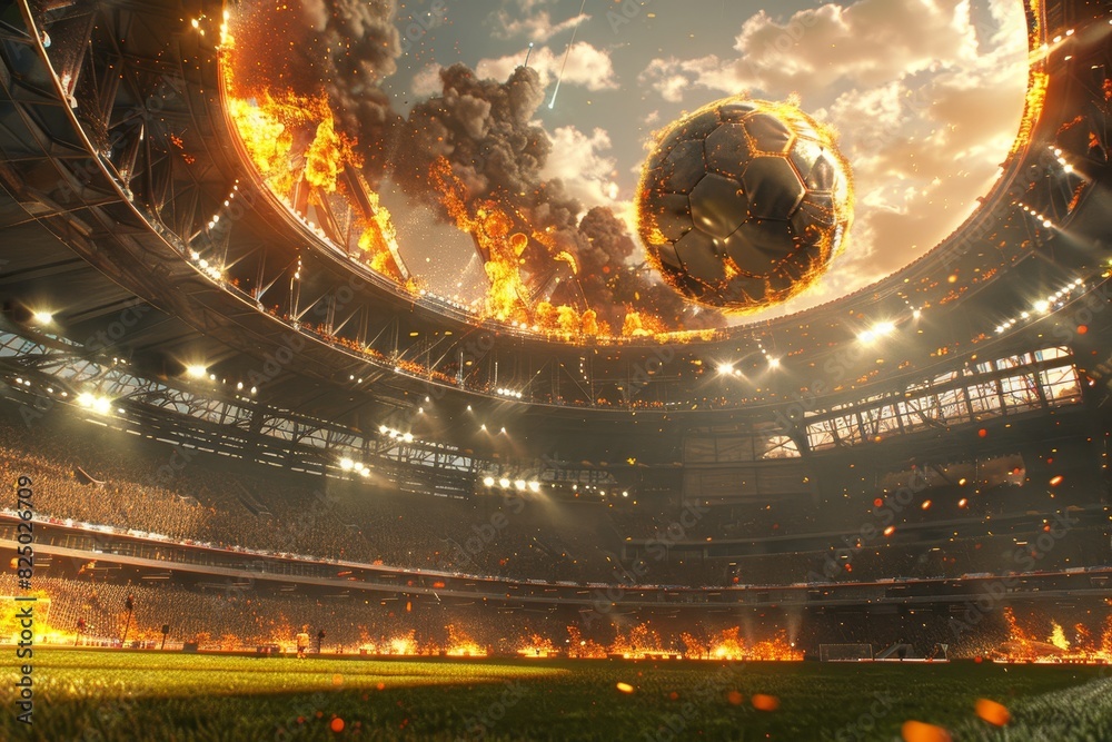 Soccer ball blazing across field under stadium lights, leaving fiery ...