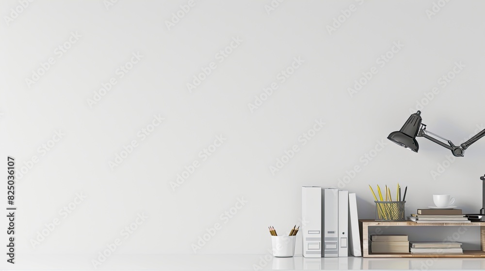 Minimalist white desk with books, stationery and lamp on empty wall ...