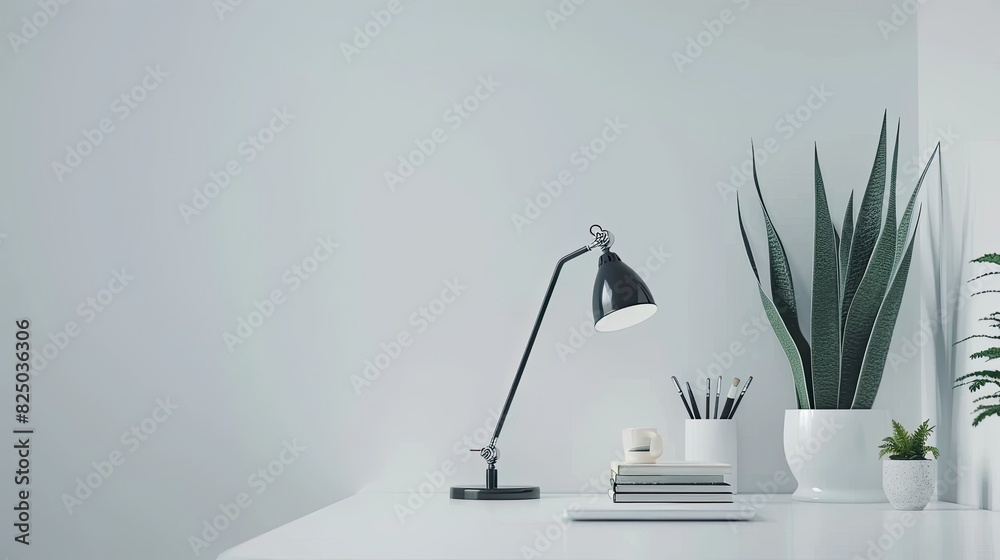 Minimalist white desk with books, stationery and lamp on empty wall ...