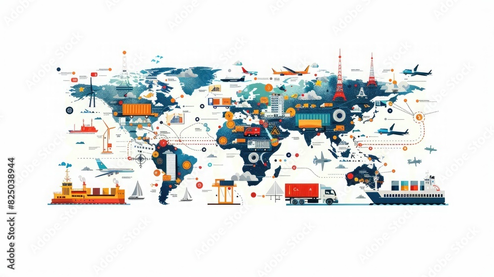 World map illustration depicting global logistics and transportation ...