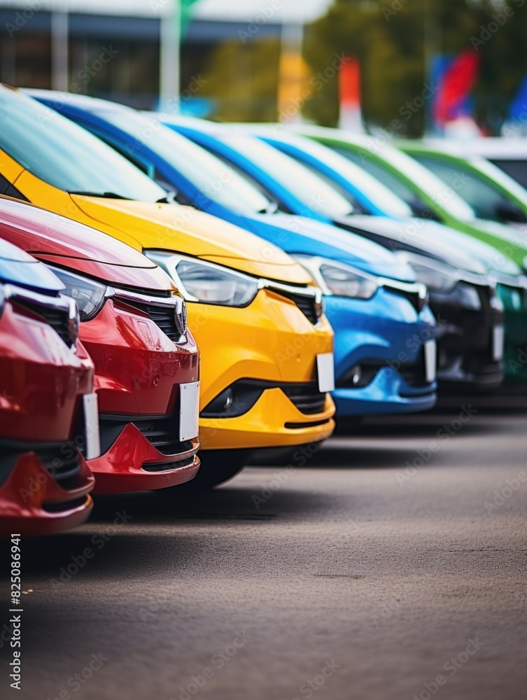 A row of cars are parked in a lot, with some being yellow and others ...