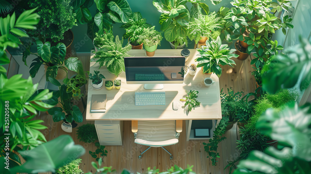 Modern Workspace with Desktop Computer Surrounded by Lush Indoor Plants, Perfect for ...