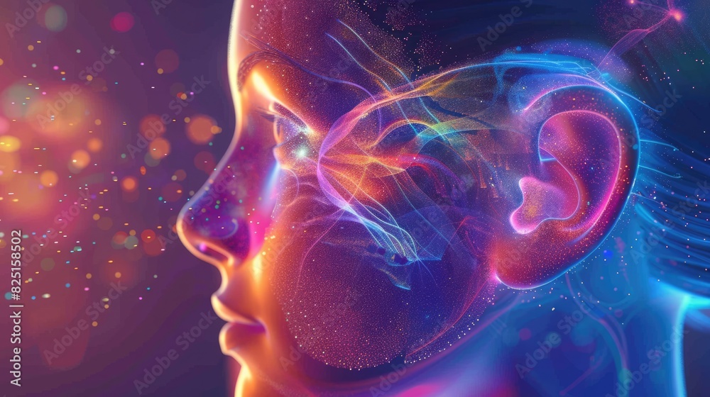 Lighting shines on a 3D rendered vestibular system within the ear ...