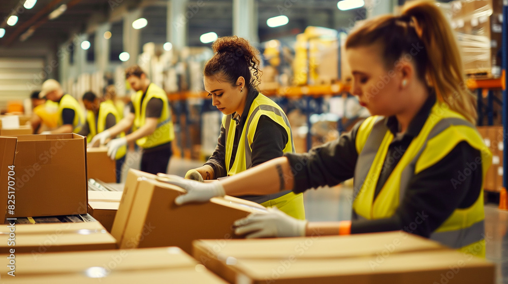 Team of employees in uniform sorting package boxes at a distribution ...