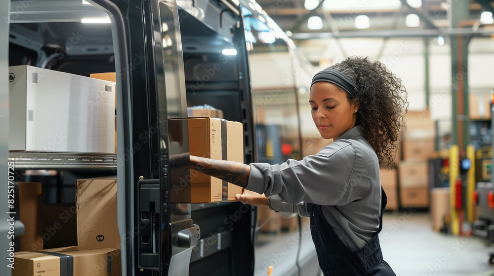 Delivery personnel wearing uniforms stacking sustainable package boxes ...
