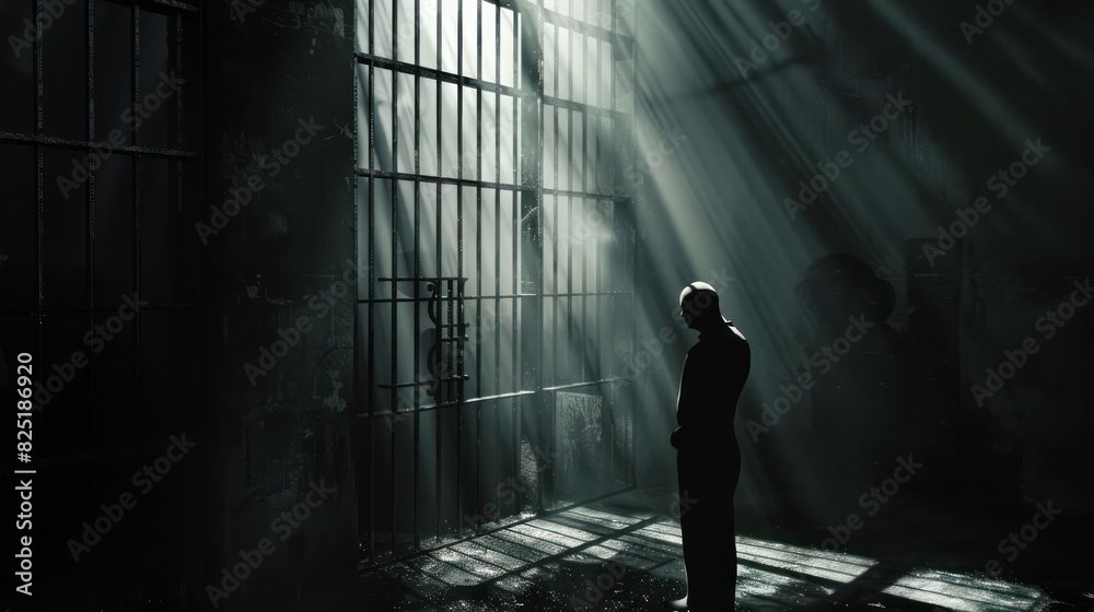 ภาพประกอบ Stock Silhouette of a man bowing his head in regret in a dark ...