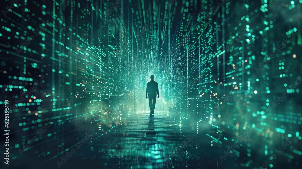 A human figure emerging from a matrix of digital codes and lines ...