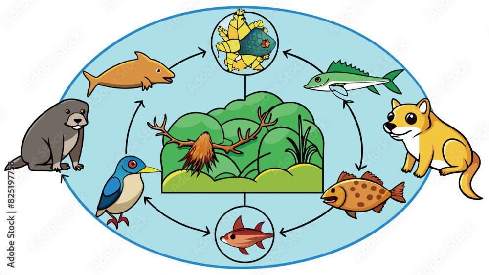 A diagram of a food chain with arrows connecting different organisms ...