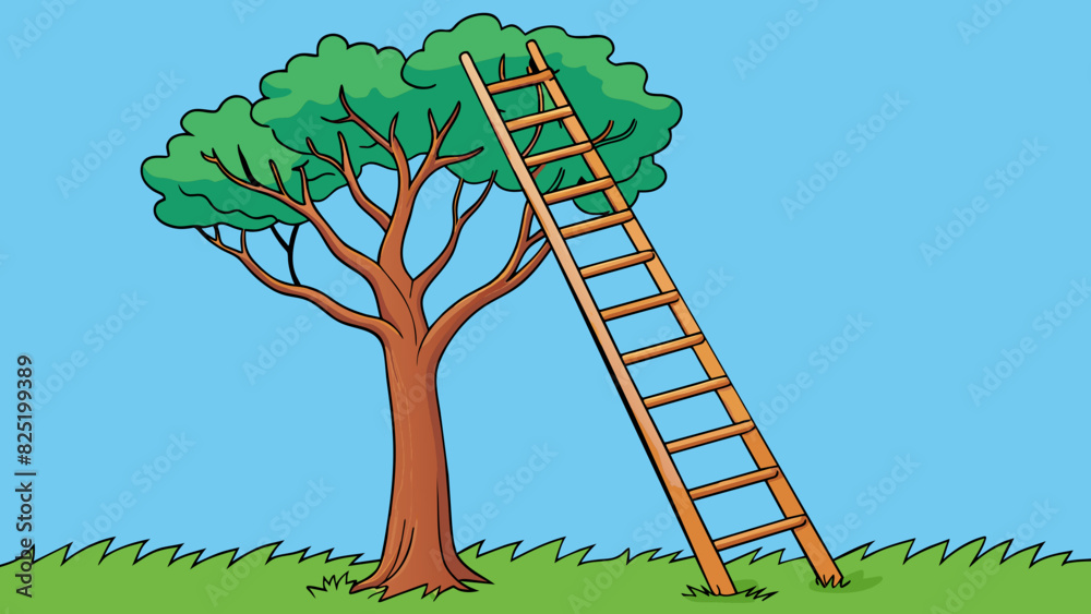 A ladder leaning against a tree reaching up to its highest branch. The ...