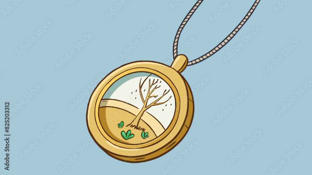 A shiny gold locket on a delicate chain with a small etching of a tree ...