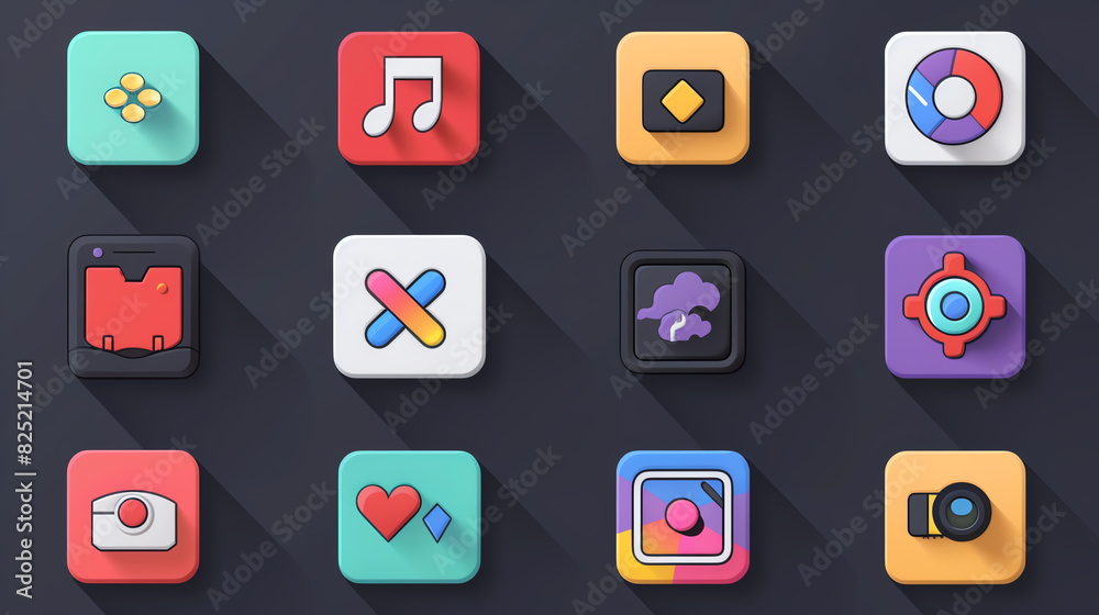 modern app icons, flat design, top view, sleek and minimalistic style ...