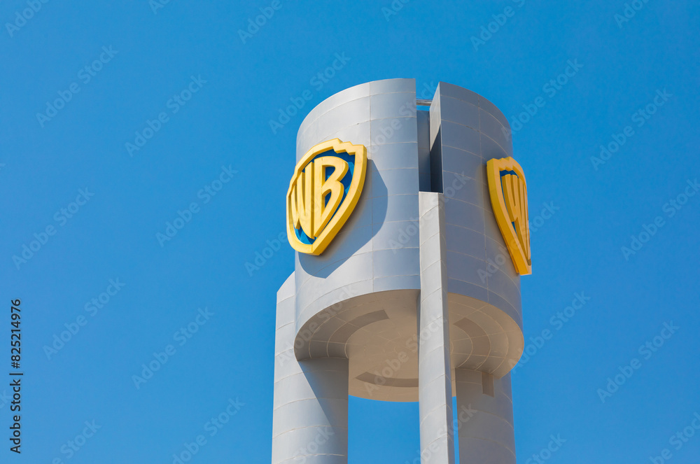 Abu Dhabi, UAE - April 24, 2024: A water tower at Warner Bros World in ...
