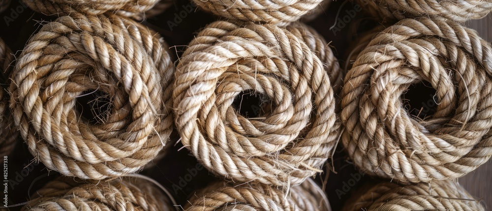 Overhead view of hemp rope coils close up, focus on, eco-friendly ...