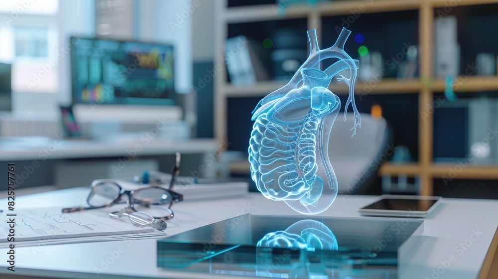 3D holographic model of a human stomach in a doctors office focus on ...