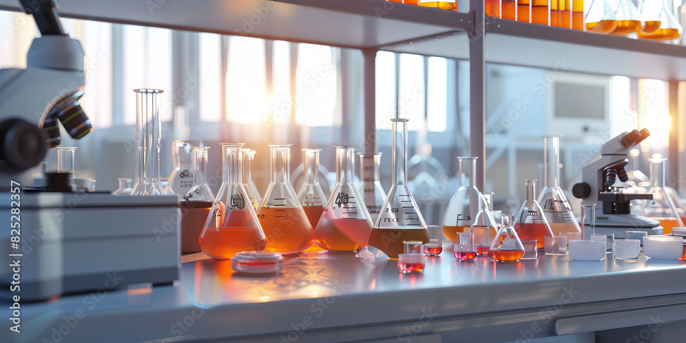 Scientist's Lab: A modern desk filled with beakers, petri dishes, and ...