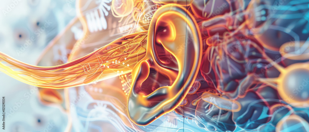Diagram of the auditory pathway highlighting the ear anatomy close up ...