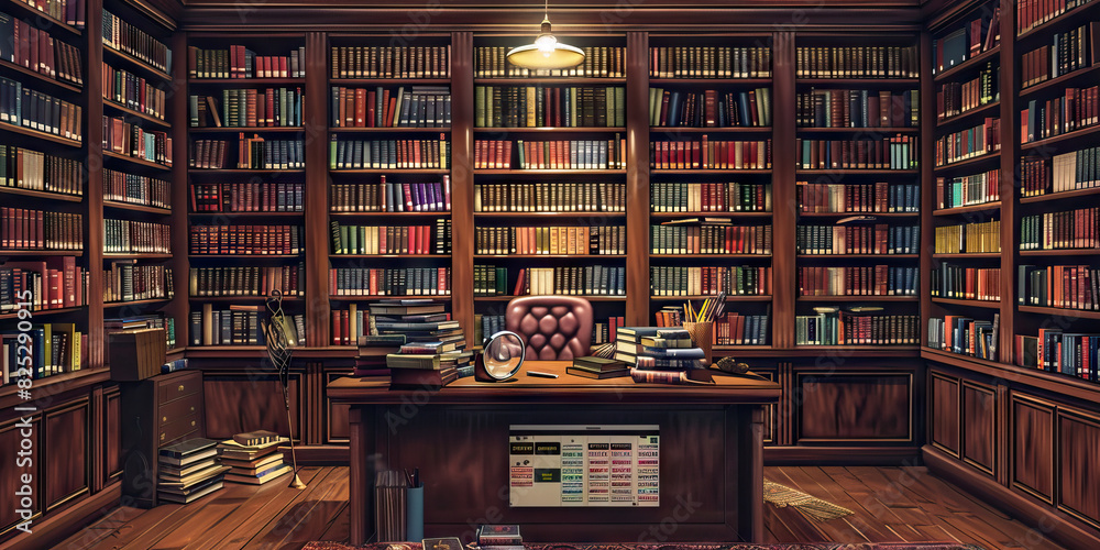 Librarian's Reading Room: A cozy desk surrounded by bookshelves in a ...