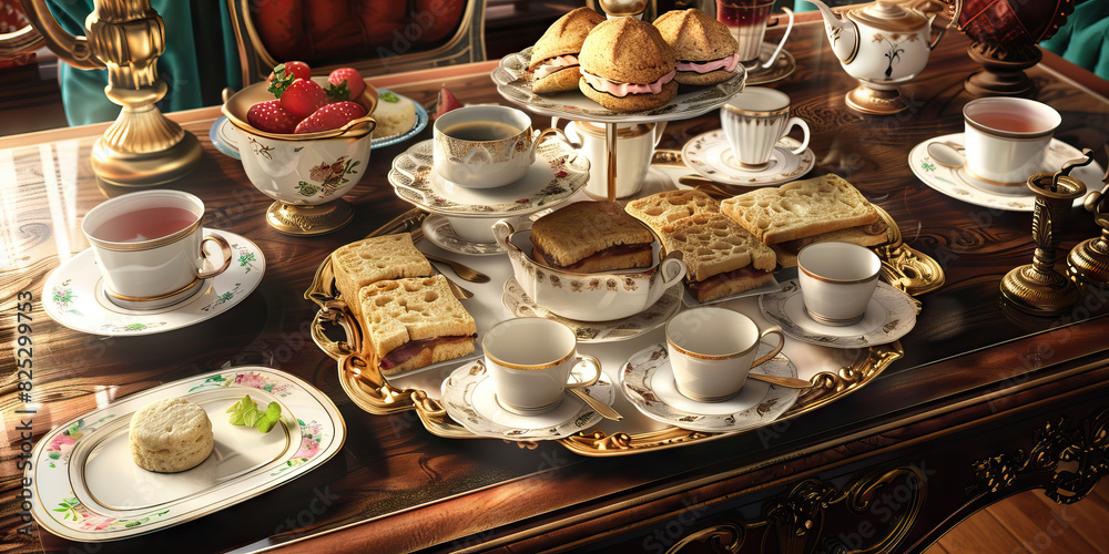 British High Tea Desk: An ornate desk featuring a tiered tray of ...