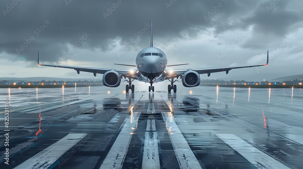 Front view of a passenger airplane on the runway, ready for takeoff ...