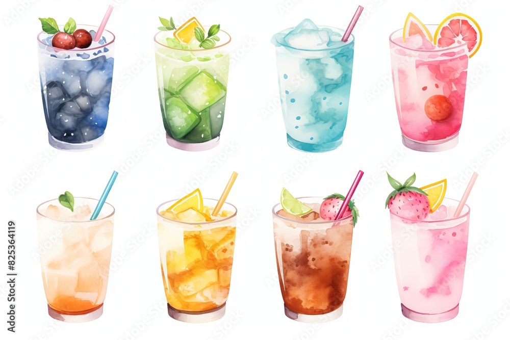 watercolor clipart set of various of fruits mocktail fizzy cold juice ...
