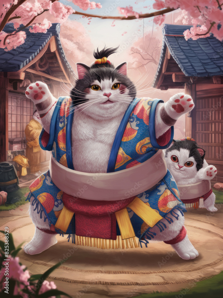 Sumo Cats Training in a Traditional Japanese Village with Cherry ...