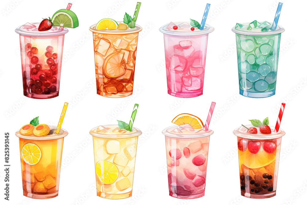 watercolor clipart set of various of fruits mocktail fizzy cold juice ...