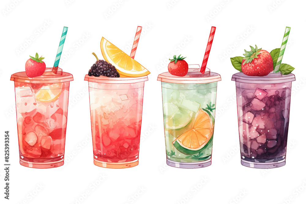 watercolor clipart set of various of fruits mocktail fizzy cold juice ...