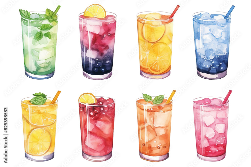 watercolor clipart set of various of fruits mocktail fizzy cold juice ...