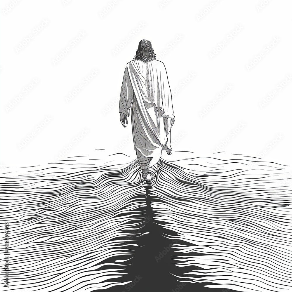 Jesus walks towards the light on the water. See a miracle. The concept ...