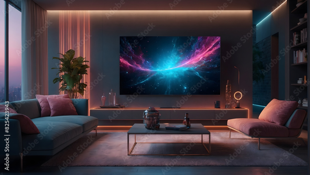 Smart tv in modern living room interior design with neon lights, 3d ...