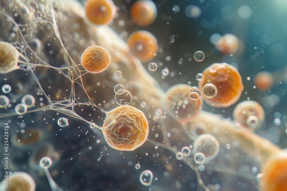 Foto de Stock Dynamic Process of Yeast Cell Division with Protein Strands and Bubbles ...