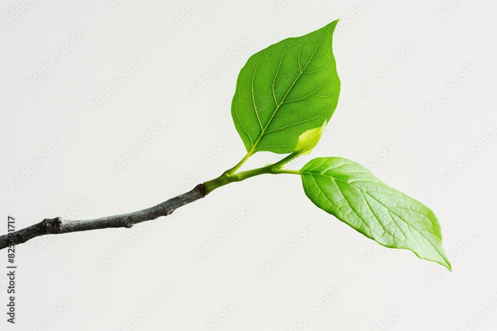 Close-up image capturing two vibrant green leaves sprouting from a dark ...