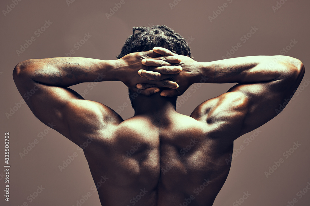 Muscle, skin and black man with fitness, back and bodybuilder on studio ...
