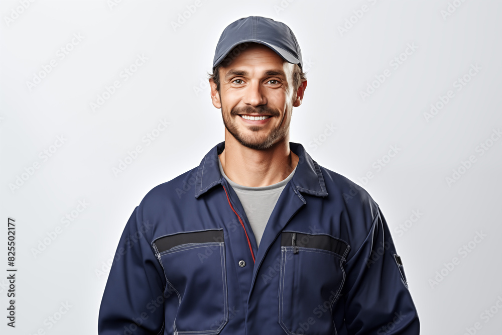 Mechanic man smiling on white background. Automotive industry. Car ...