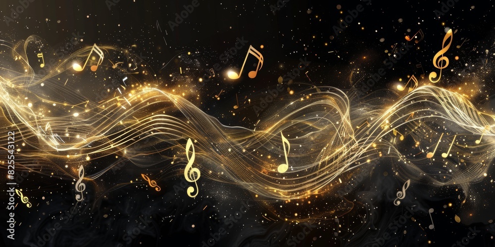musical notes on a black background, with glowing light effects A white ...