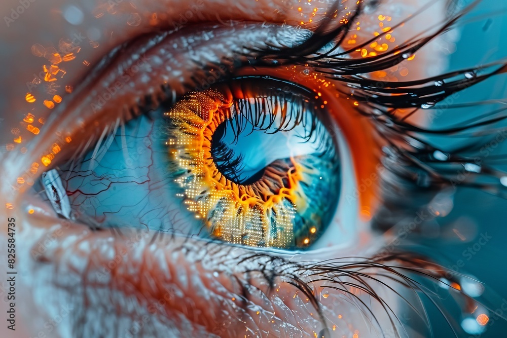 A fiery eye captures the dynamic essence of a sunrise over an urban ...