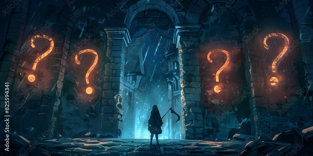 Fantasy Adventure Scene with Character Facing Glowing Question Marks in ...