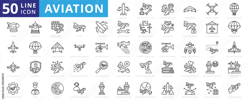 Aviation icons set with mechanical flight, aircraft industry, fixed ...