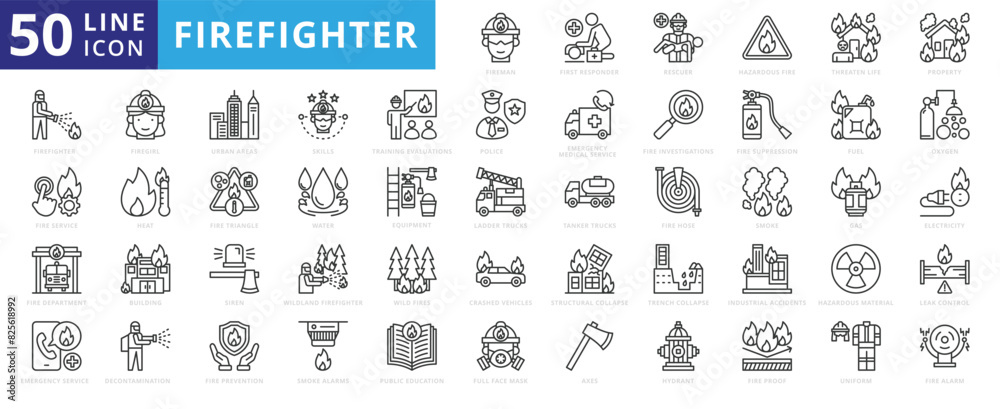 Firefighter icon set with first responder, rescue, hazardous, threaten ...