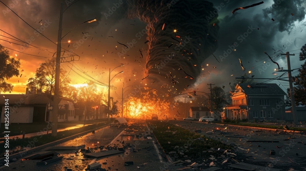 Apocalyptic tornado ravages suburban street at sunset, Dramatic digital ...