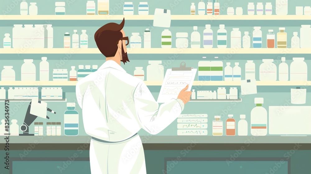 Pharmacist in uniform flat design side view laboratory theme cartoon ...